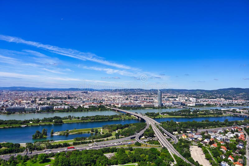 Vienna and Danube Riverside Cityscape, View from the Danube Tower Stock ...