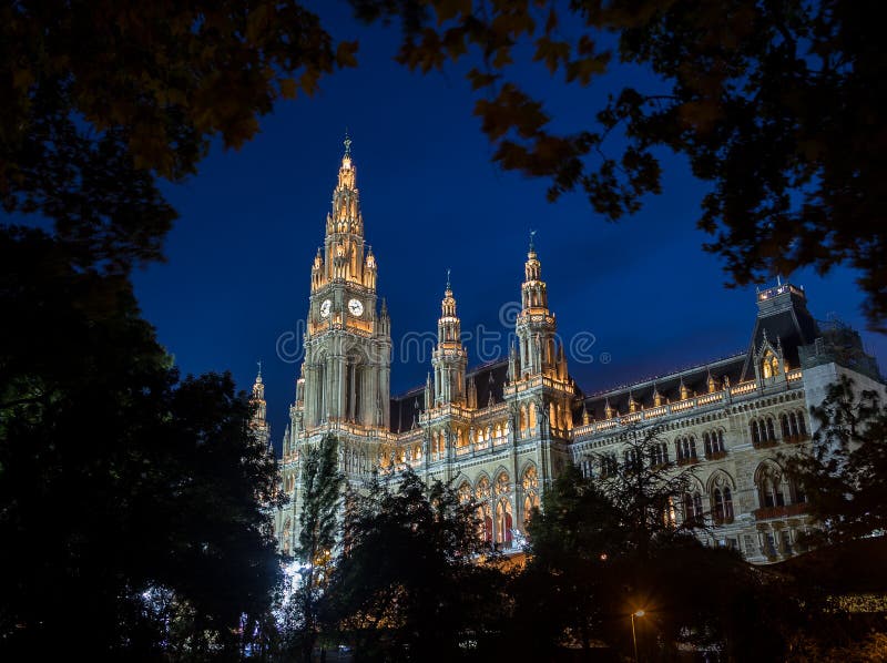 Vienna Rathaus (City Hall) at Night Stock Photo - Image of foilage ...