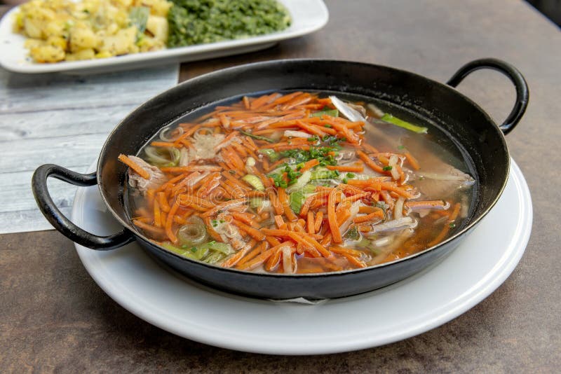 Vienna-Style Beef in Soup with Vegetables Served in a Pan Stock Photo ...