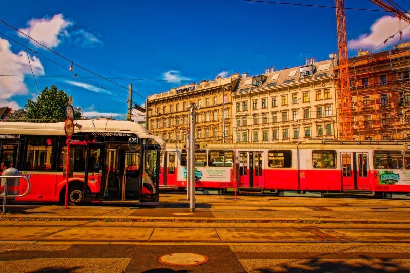Vienna tram station stock image. Image of train, wires - 369088813