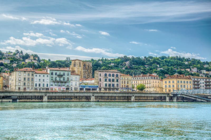 VIENNE, FRANCE, JULY 22, 2017: Riverside of Rhone River in Vienne ...