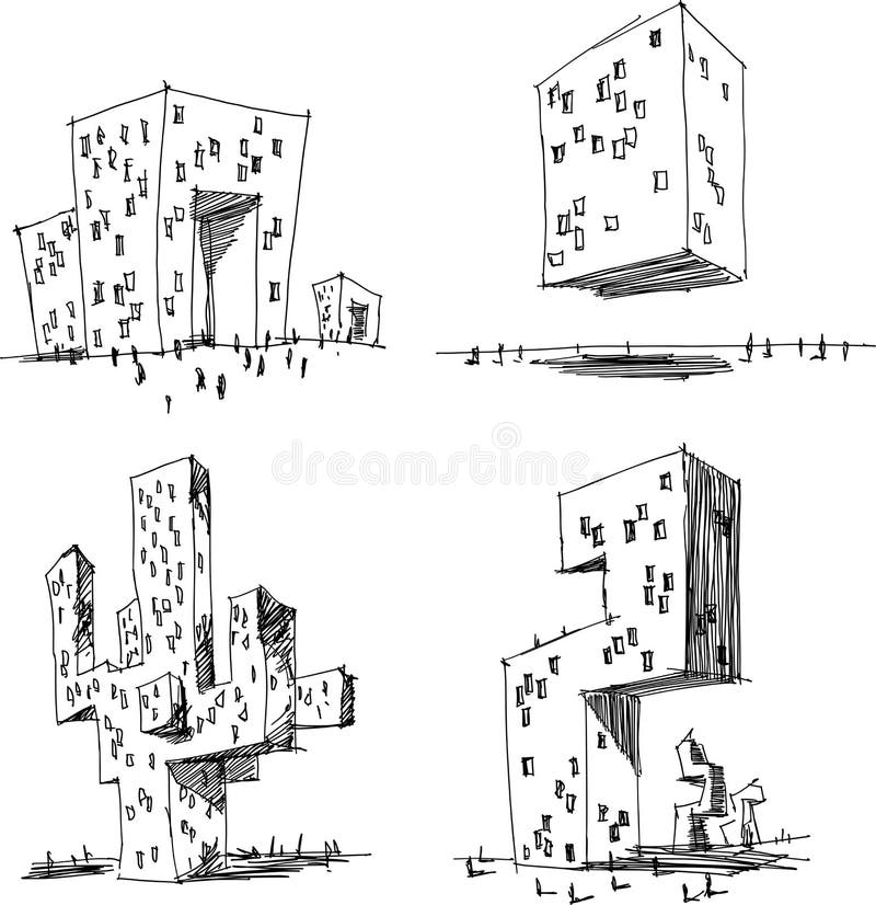 Vier Schetsen Van Abstracte Moderne Architectuur Met Groen En Bomen ...