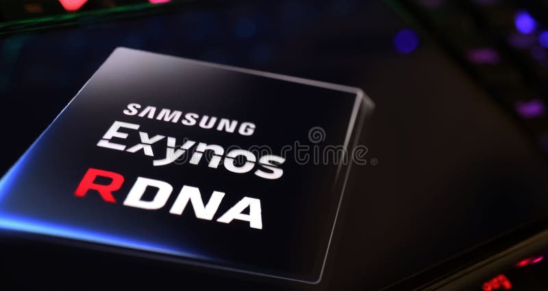 Closeup of Smartphone Screen with Logo Lettering of Samsung Exynos Processor Chip on Computer ...