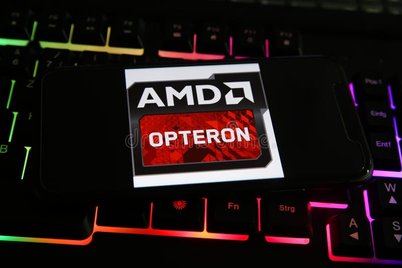 Closeup of Smartphone with Logo Lettering of Amd Opteron Processor Cpu ...