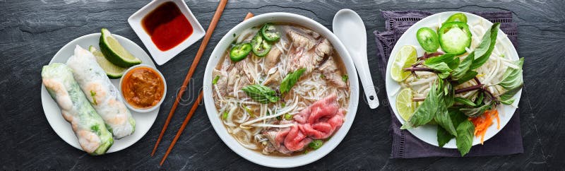Vietnamese Beef Pho with Spring Rolls Stock Image - Image of beef, flat ...