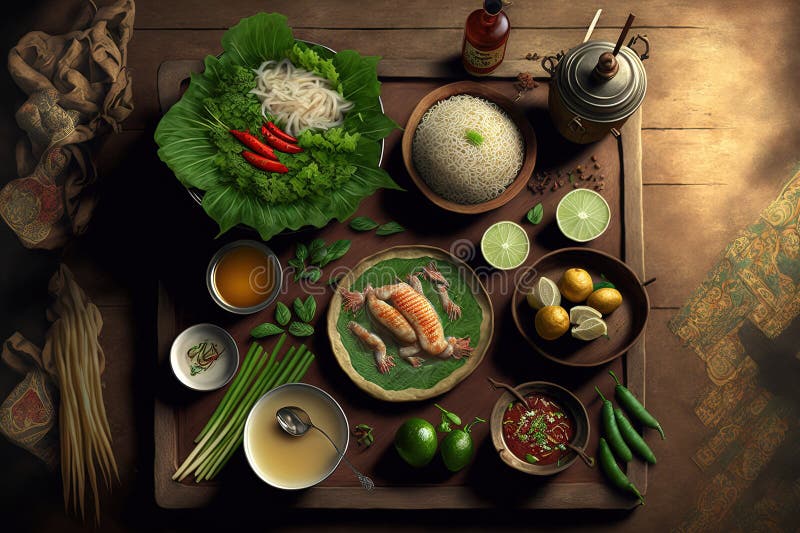 Vietnamese Cuisine on Large Table Stock Illustration - Illustration of ...