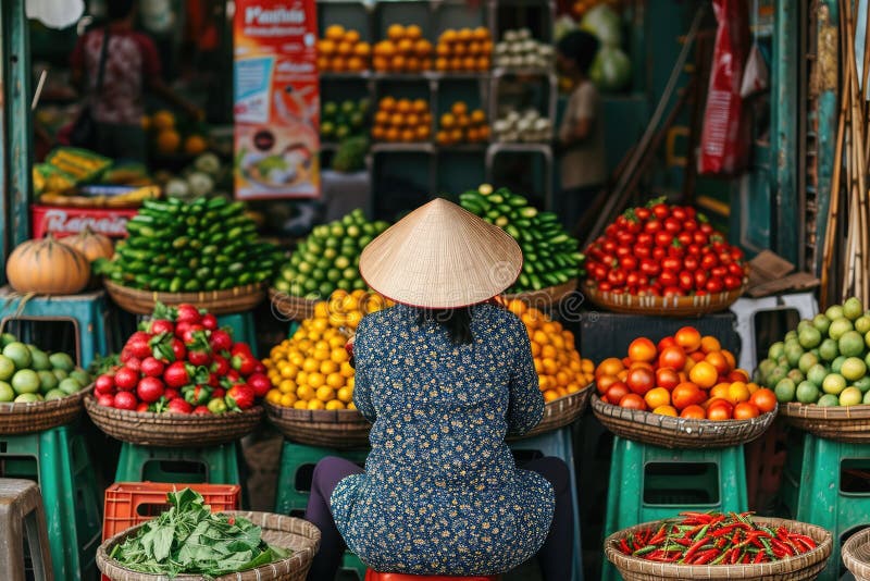 Vietnamese Fruit and Vegetable Market Stock Illustration - Illustration ...