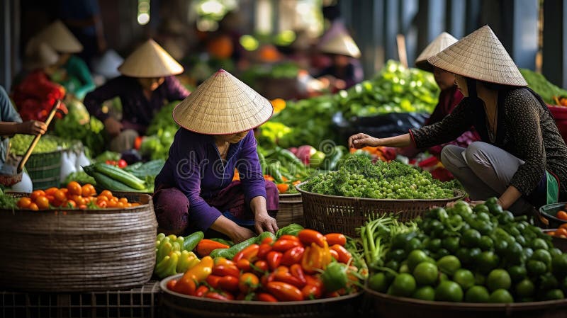 Vietnamese Fruit and Vegetable Market Stock Illustration - Illustration ...