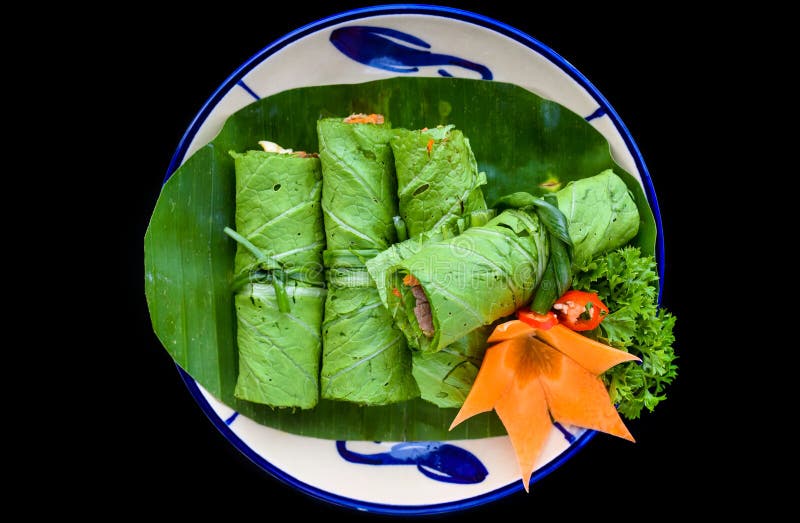 Vietnamese Green Nem Spring Rolls in Leaf with Sauce Stock Image ...
