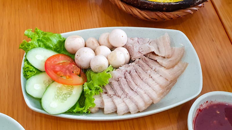 Vietnamese Meal with Pork Slices Boiled, Vegetables and Shrimp Paste ...