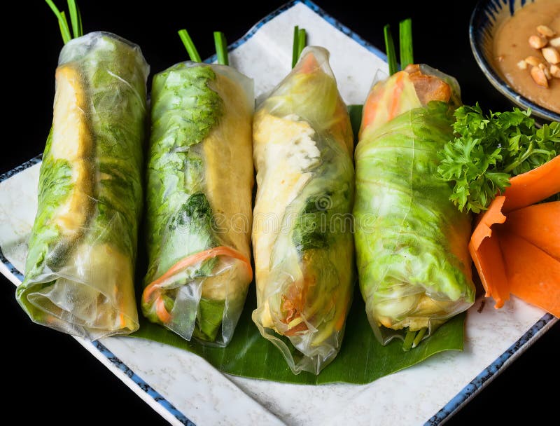 Vietnamese Nem Spring Rolls in Leaf with Sauce Stock Photo - Image of ...