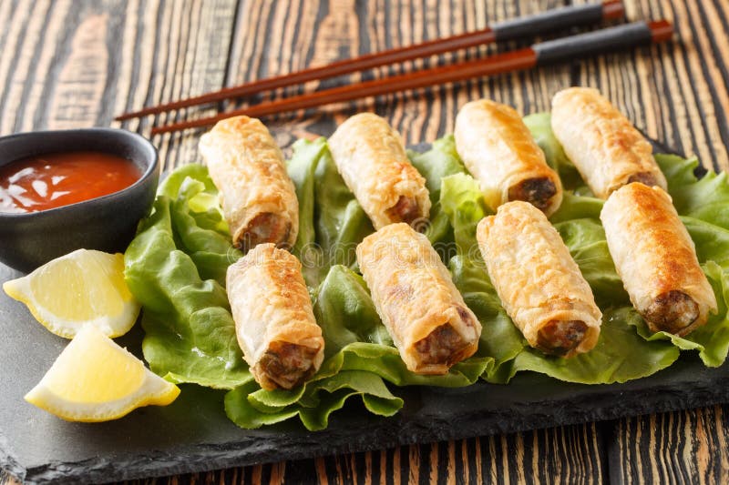 Vietnamese Nems or Deep Fried Spring Rolls with Chicken Closeup on the ...