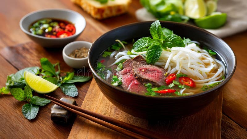 Vietnamese Pho Bo with Beef, Herbs, and Lime on Wooden Table Stock ...