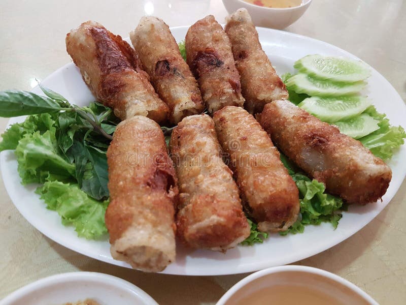 Crispy Vietnamese Spring Rolls Served with Cucumber and Lettuce Stock ...