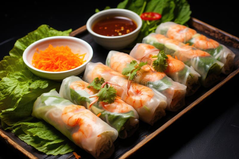 Vietnamese Spring Rolls with Sauce on Wooden Table Stock Illustration ...