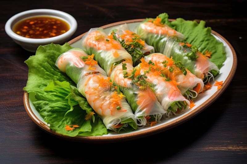 Vietnamese Spring Rolls with Sauce on Wooden Table Stock Illustration ...