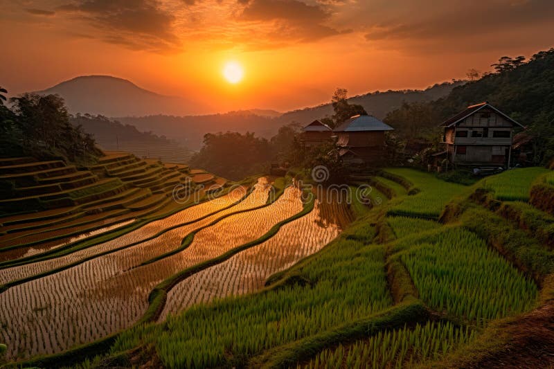 Vietnamese Terraced Rice Fields at Sunset. Generative AI. Stock ...
