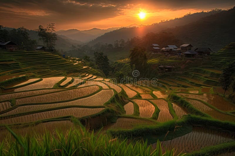Vietnamese Terraced Rice Fields at Sunset. Generative AI. Stock ...