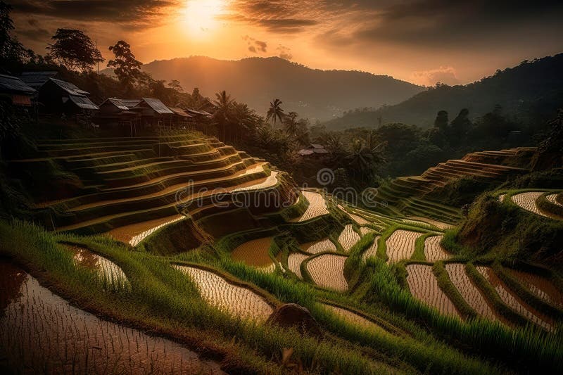 Vietnamese Terraced Rice Fields at Sunset. Generative AI. Stock ...