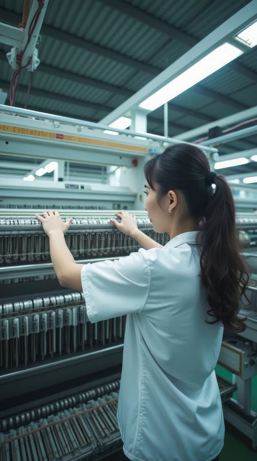 Vietnamese Textile Engineer in a High-Tech Fabric Production Line Stock ...