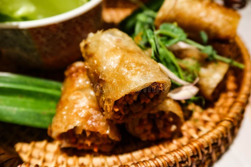 Vietnamese or Thai Deep Fried Spring Roll on a Basket Stock Photo ...