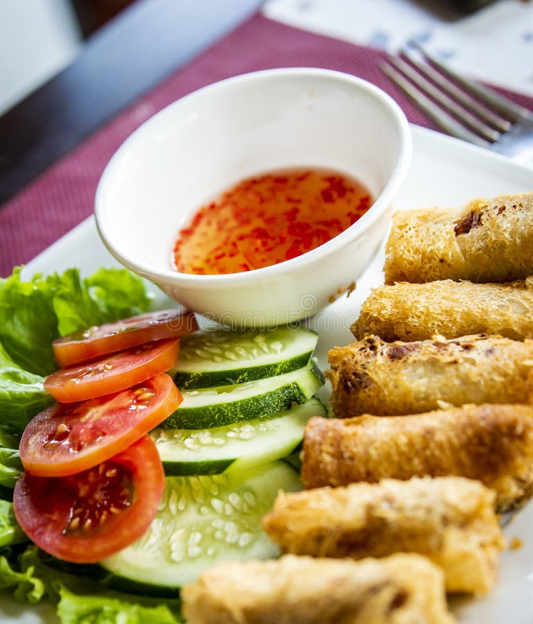 Vietnamese Vegetable Spring Rolls with Tomato, Cucumbers and Red Chili ...