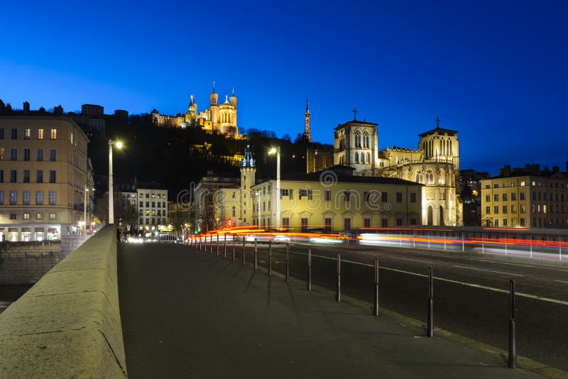 Vieux Lyon by Night with a View of Fourviere Basilica Editorial Stock ...