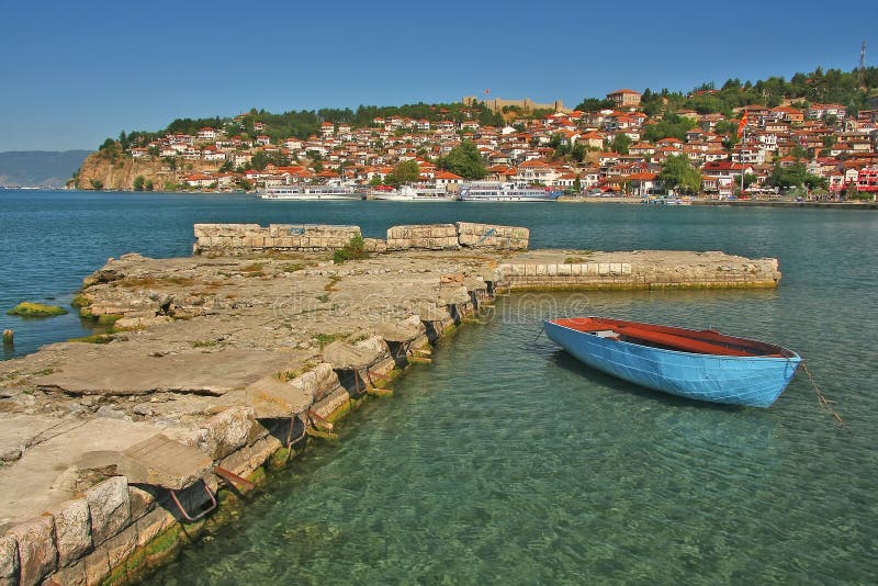 Vieux port dans Ohrid photo stock. Image du panorama - 30945788