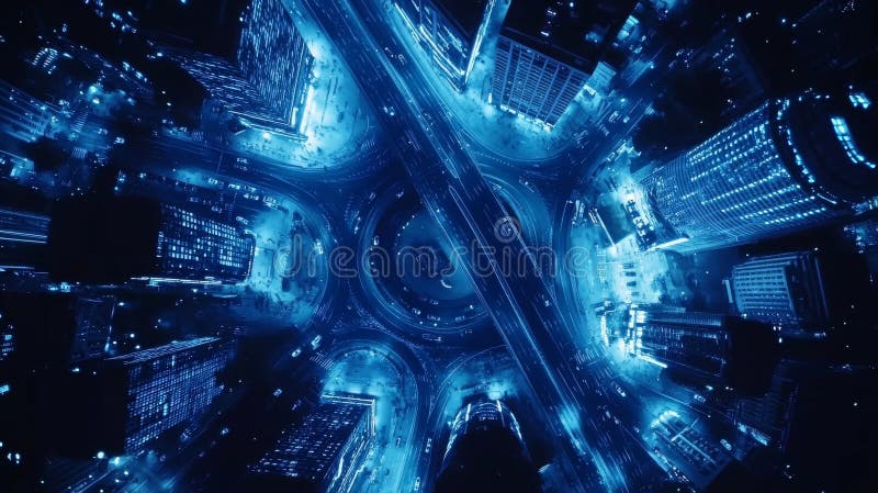 View from Above of a Busy Urban Intersection at Night with Vibrant ...