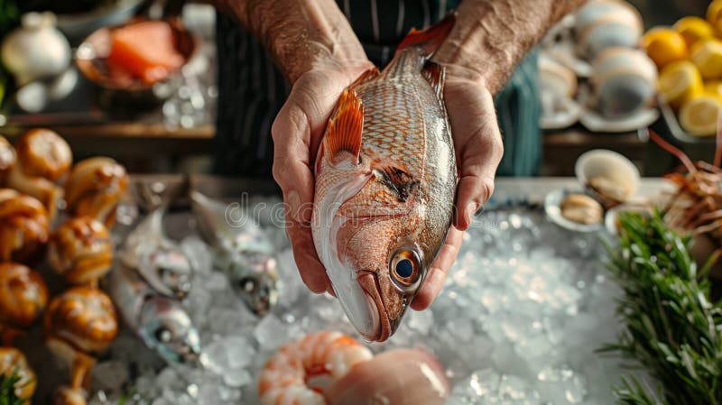 View from Above of the Chefs Hands Holding Fish Stock Illustration ...
