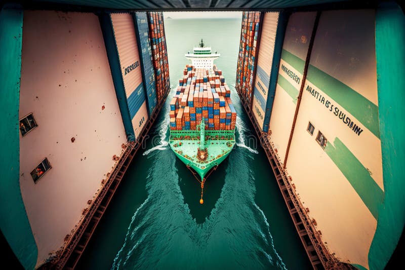 View from Above on Deck of Cargo Container Ship Going To Cargo Port ...