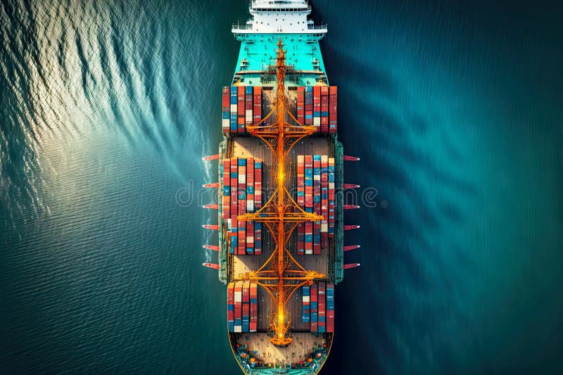View from Above on Deck of Cargo Container Ship Going To Cargo Port ...