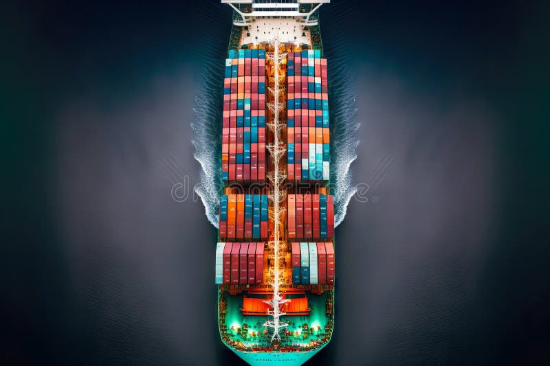 View from Above on Deck of Cargo Container Ship Going To Cargo Port ...