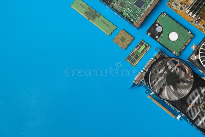 View from Above Flat Lay of Computer Components Details on the Colorful ...