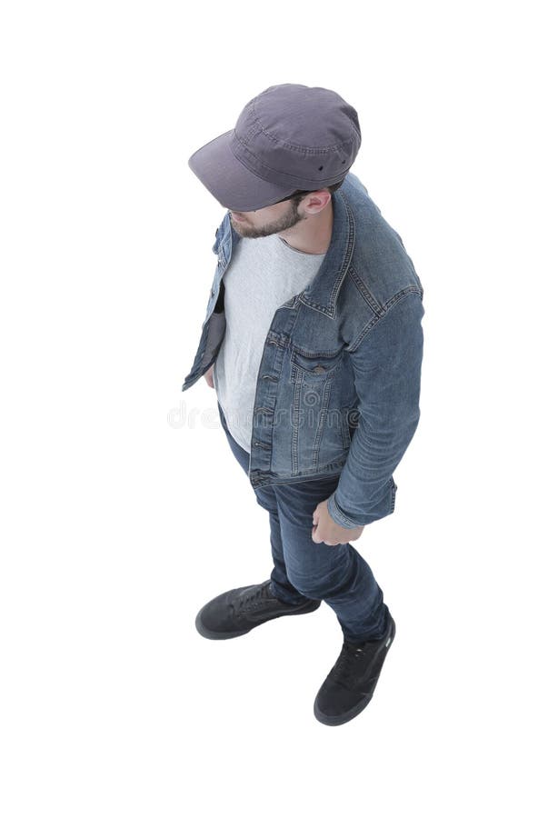 View from Above. Guy in a Baseball Cap and Denim Jacket Stock Photo ...