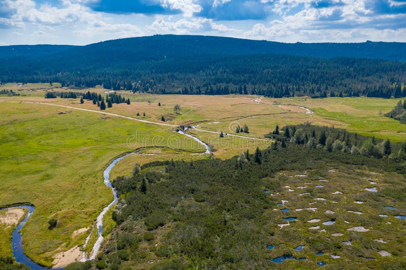View from Above on Izera Stream and Path with a Small Bridge in the ...