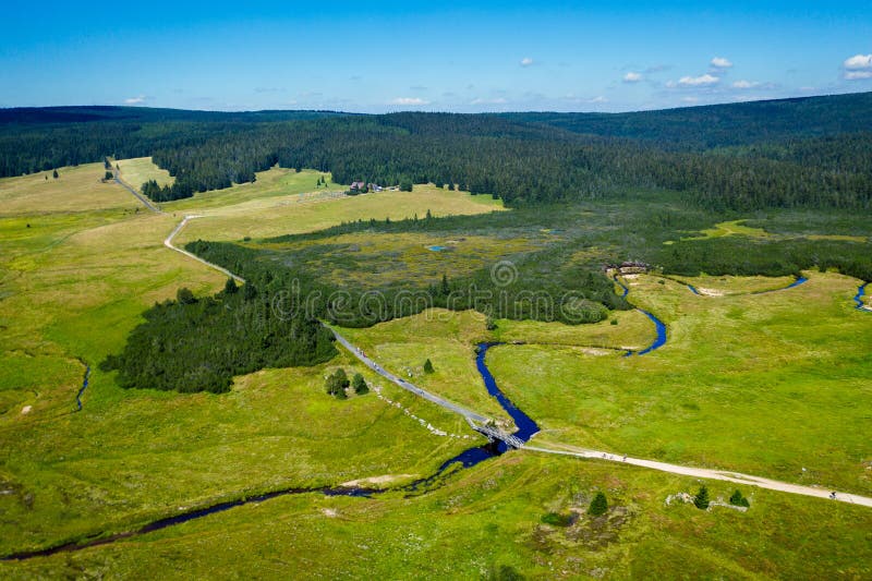 View from Above on Izera Stream and Path with a Small Bridge in the ...