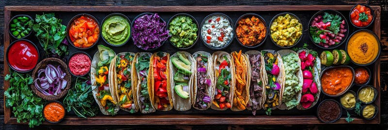View from Above of a Mexican Taco Table with a Variety of Side Dishes ...
