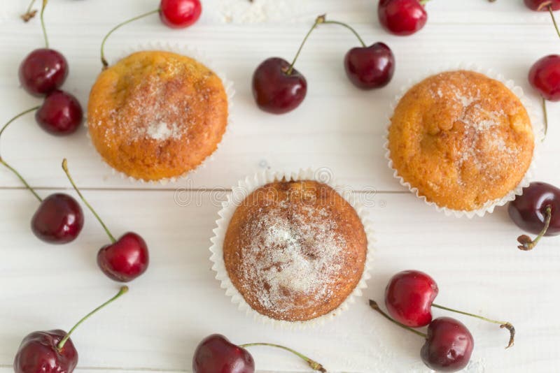 View from Above on Muffins Decorated with Cherries Stock Photo - Image ...