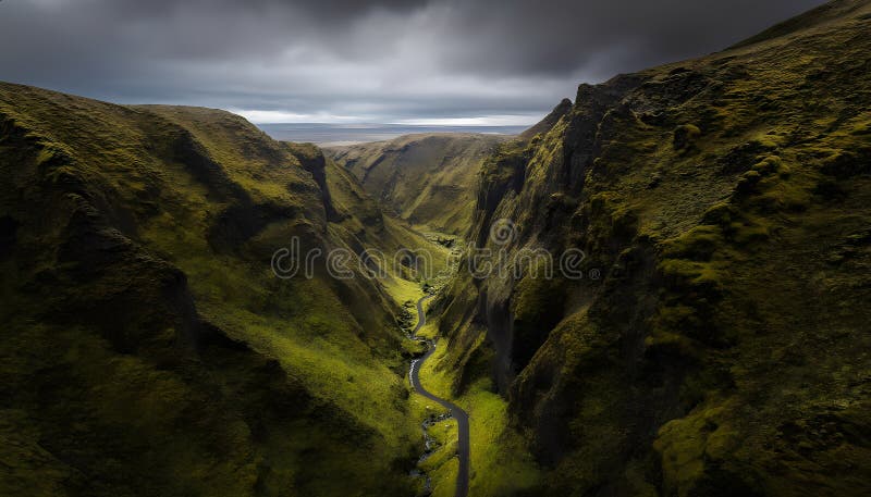 A View from Above of a Narrow and Deep Gorge with Steep Green Slopes ...