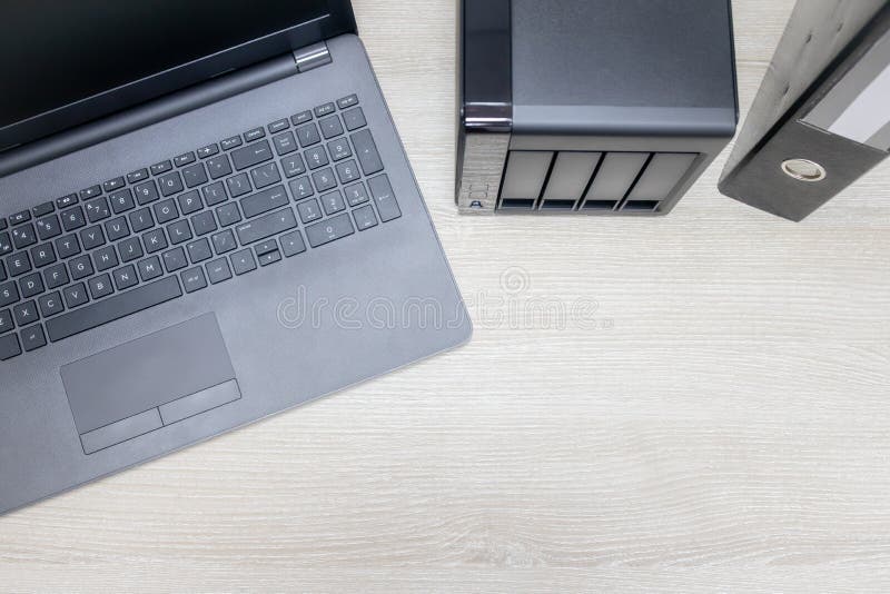 View from Above for Office Workplace with Notebook and Nas Backup ...