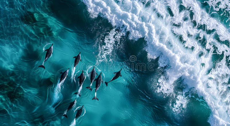 View from Above, with Playful Dolphins Swimming on the Surface of the ...