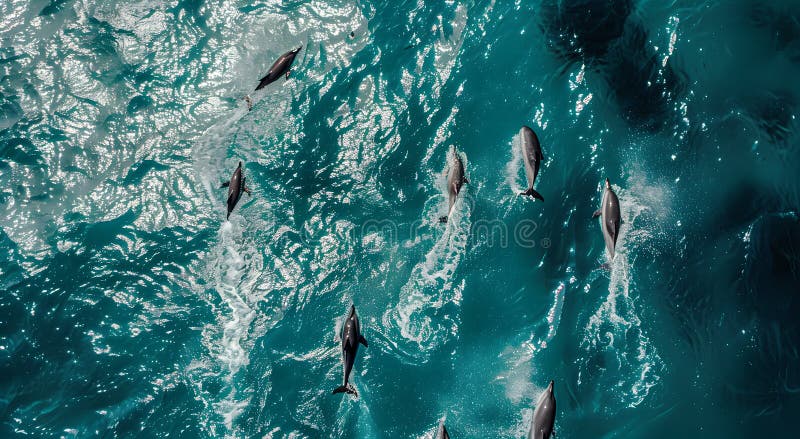 View from Above, with Playful Dolphins Swimming on the Surface of the ...