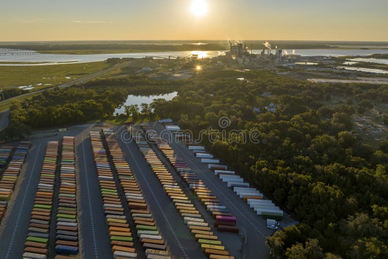 View from Above of Production Line Factory with Large Cargo Container ... View from Above of Production Line Factory with Large Cargo Container ...