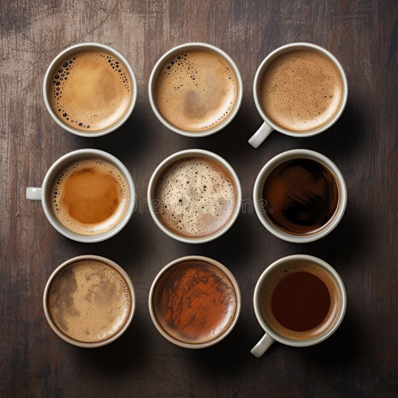 The View from Above of Several Cups of Coffee of Various Varieties ...