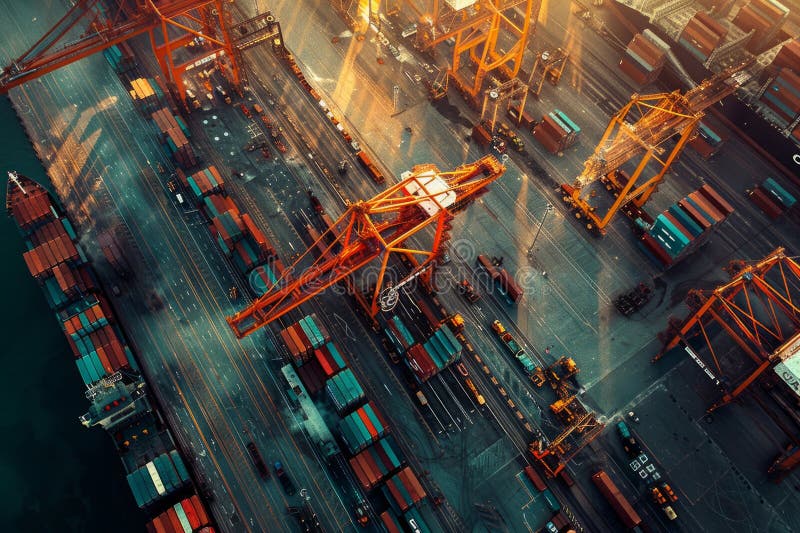 View from Above Showing Cranes Transferring Cargo Containers at a ...