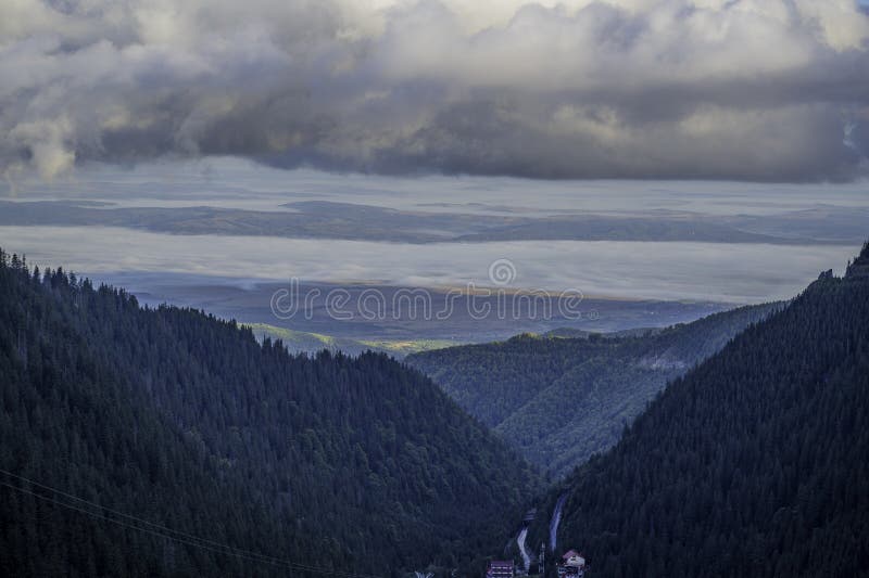 View of the Above Valley on the Plain with Fog and Clouds in the Sky ...