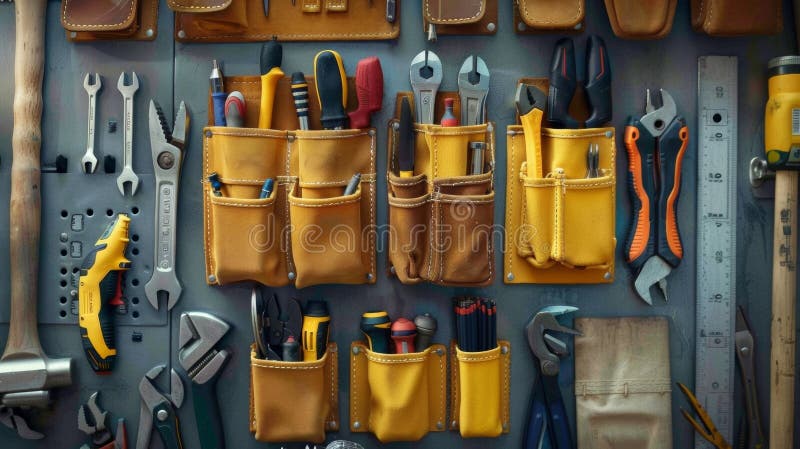 A View from Above of a Workers Tool Belt Neatly Arranged with a Variety ...