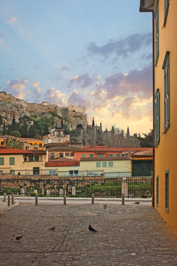 View of the Acropolis from Plaka in Athens, Greece Stock Image - Image ...