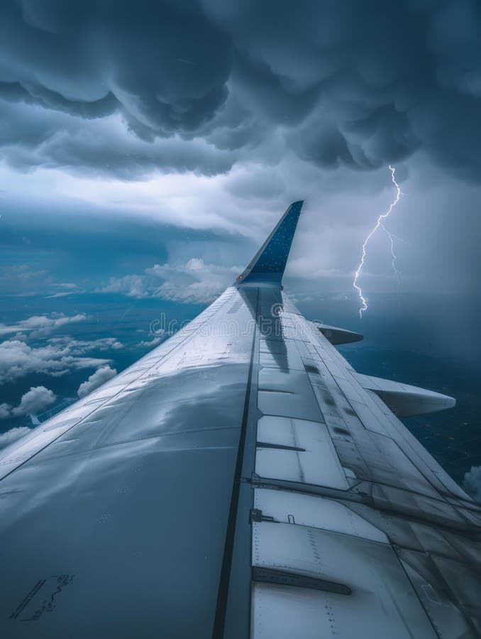 View Across Plane Wing, Flying Over Storm Clouds and Lightning in Sky ...